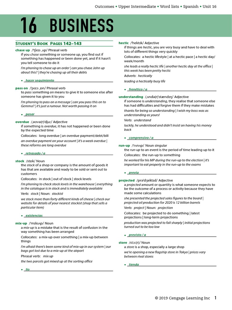 Outcomes - Upper Intermediate - Word Lists - Spanish - U16 PDF | PDF | Adjective | Noun