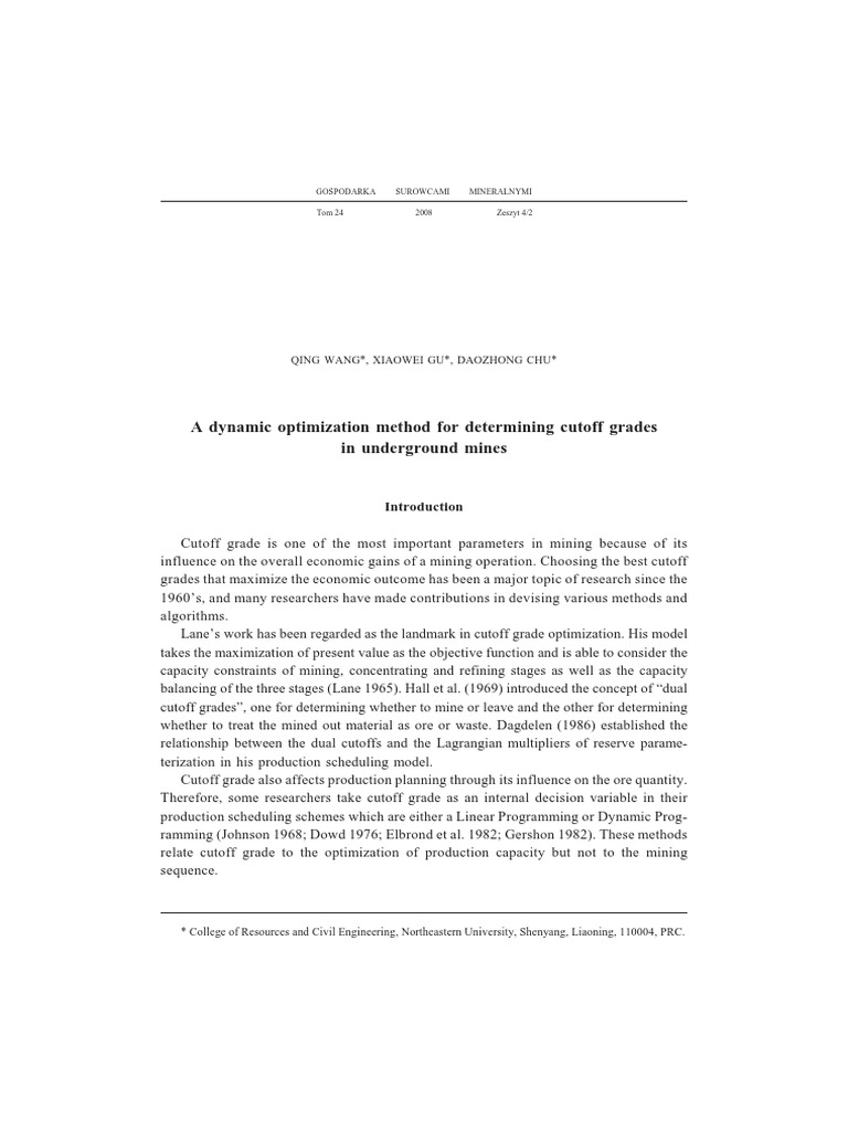 Dynamic Optimization Method for Cutoff Grades | PDF | Reference Range | Mathematical Optimization