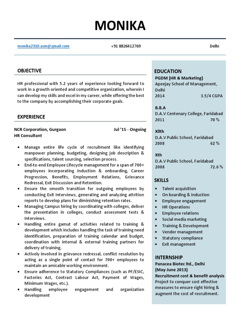 Monika CV 2019 Format | PDF | Employee Retention | Recruitment