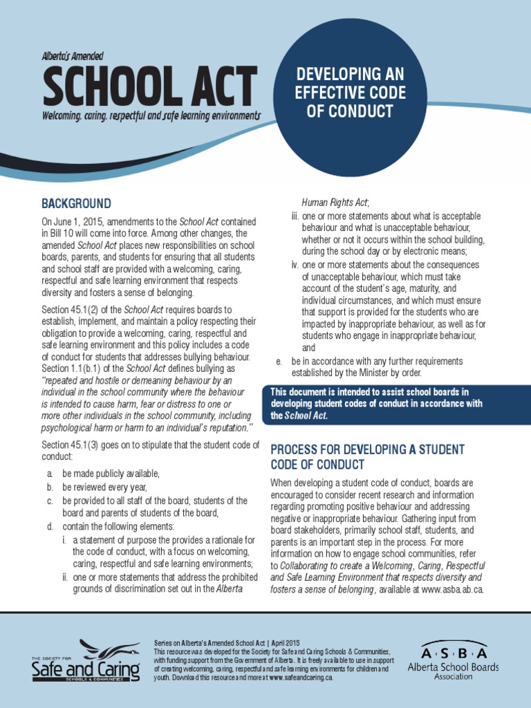 School Act: Developing An Effective Code of Conduct | PDF | Bullying ...