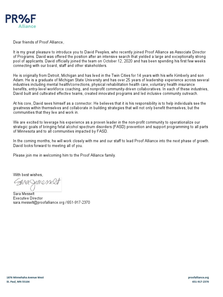 David Peeples Joins Proof Alliance As Associate Director of Programs | PDF