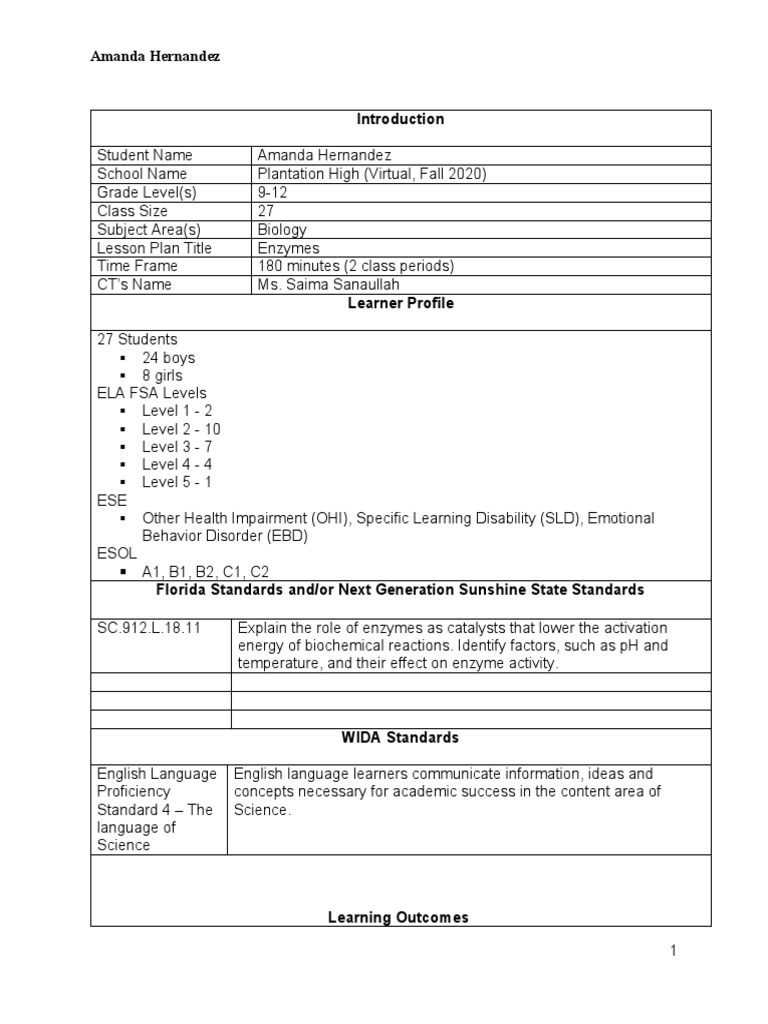 High School Enzyme Lesson Plan | PDF | Teaching | Learning