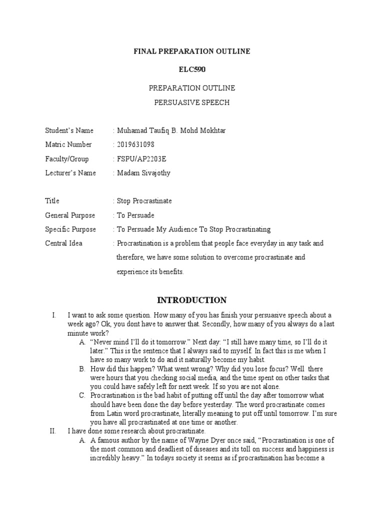 Persuasive Speech | PDF | Procrastination | Professional Skills