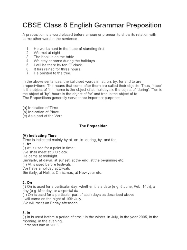 CBSE Class 8 English Grammar Preposition: The Preposition (A ...