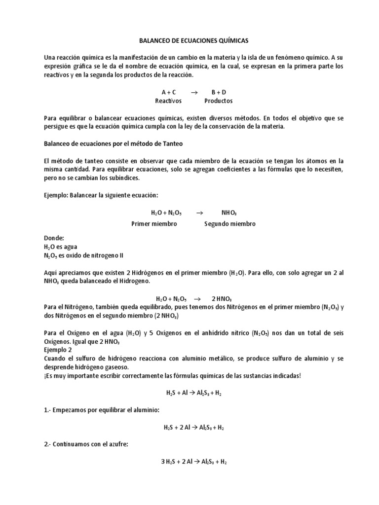 Balanceo de Ecuaciones Químicas | PDF | Estequiometría | Reacciones ...