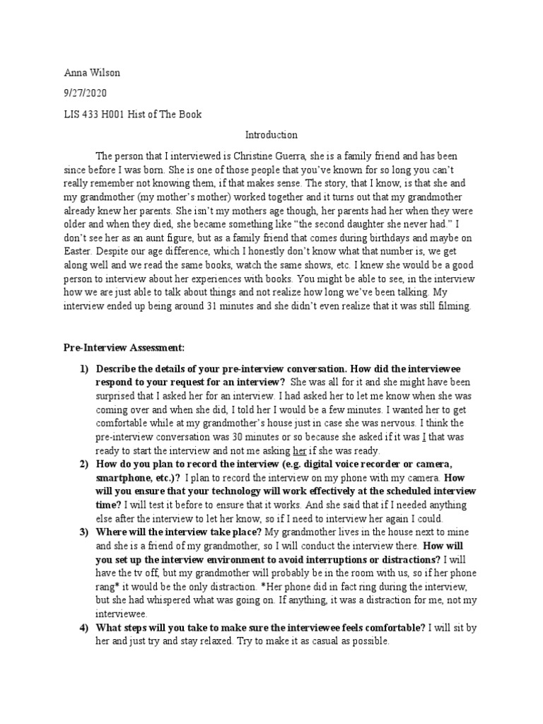 Oral History Project Assignment 1 | PDF | Interview | Conversation