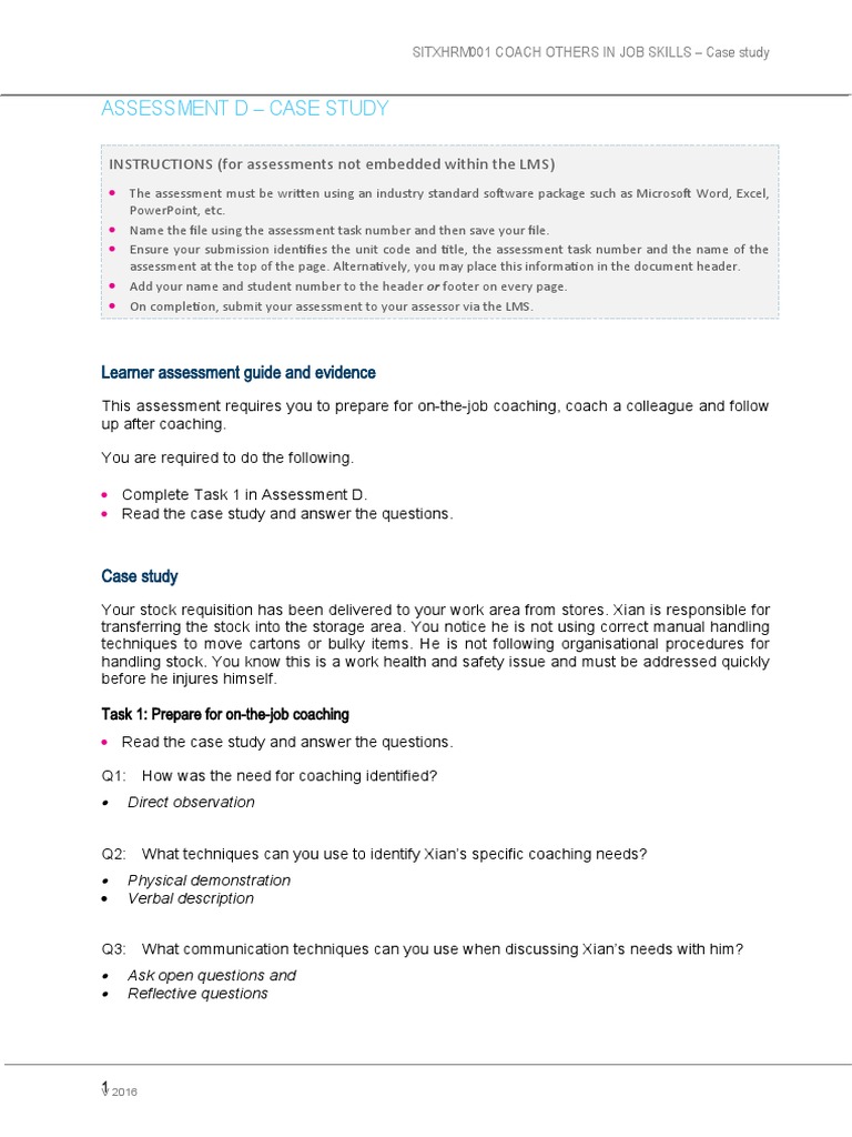 Assessment D - Case Study: INSTRUCTIONS (For Assessments Not Embedded ...