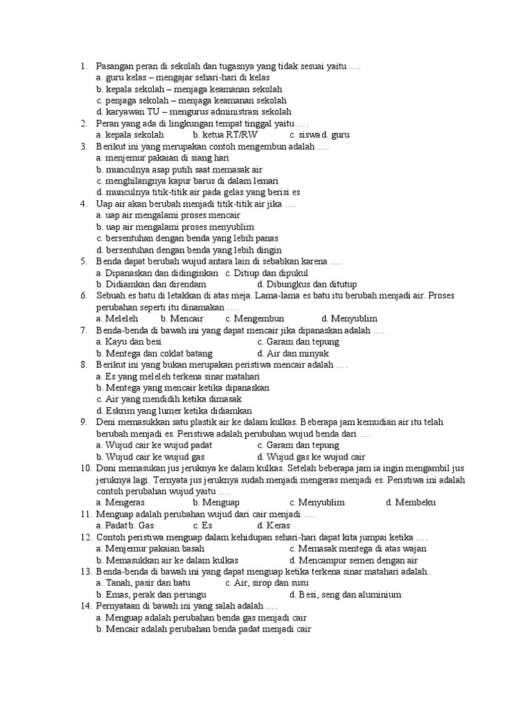 Soal Tema 3 Perubahan Wujud Benda Pdf