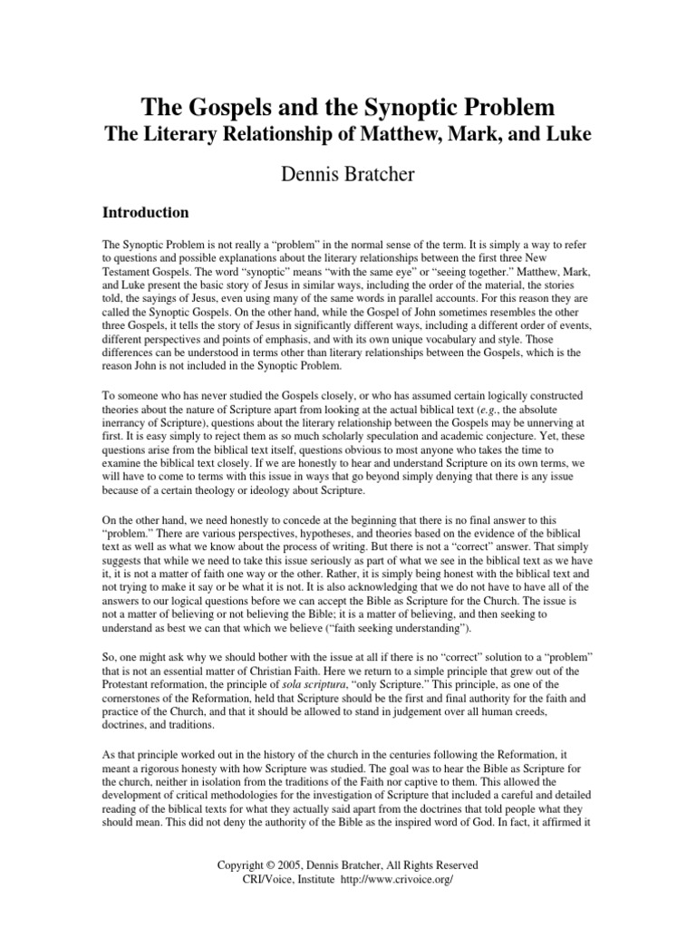 The Gospels and The Synoptic Problem: The Literary Relationship of Matthew, Mark, and Luke | PDF ...