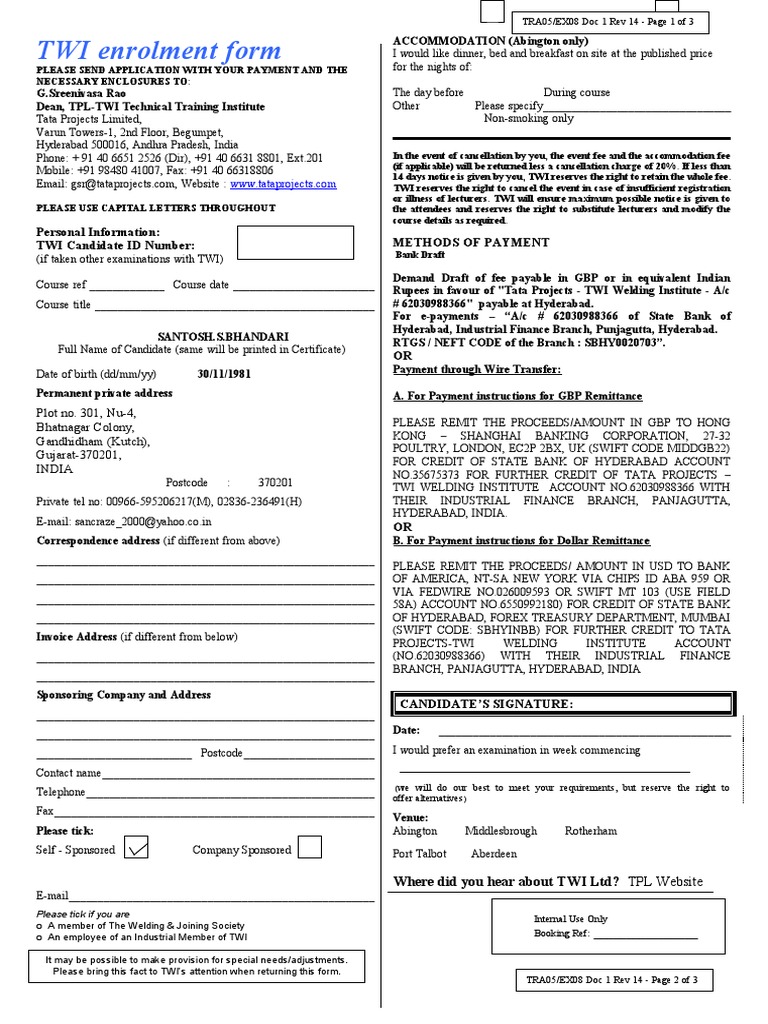 TWI Enrolment Form: Personal Information: TWI Candidate ID Number ...