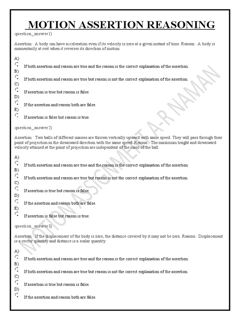 Class 9 Motion: Assertion & Reasoning | PDF | Velocity | Acceleration
