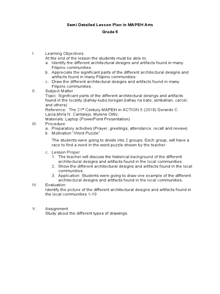 Semi Detailed Lesson Plan in MAPEH Arts11 | PDF