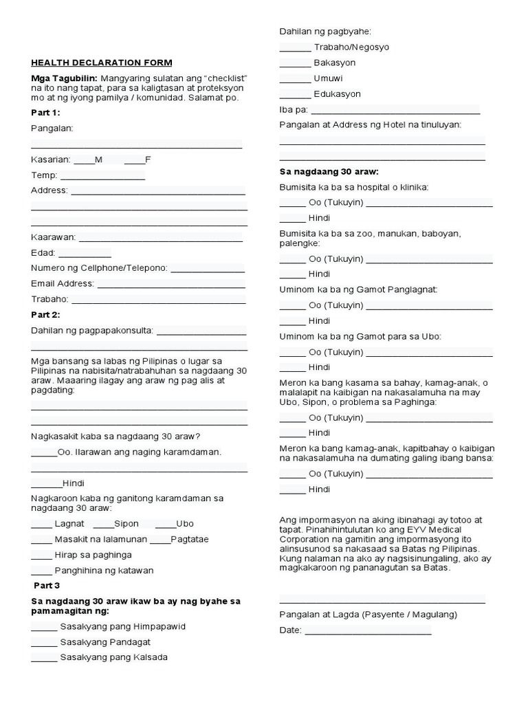 Health Declaration Form Tagalog | PDF