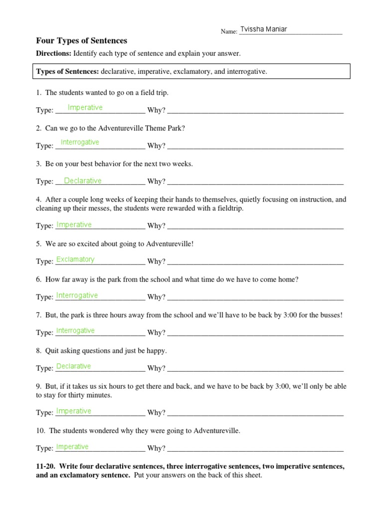 Kind of Sentence Worksheet Answer | PDF | Career & Growth | Language ...