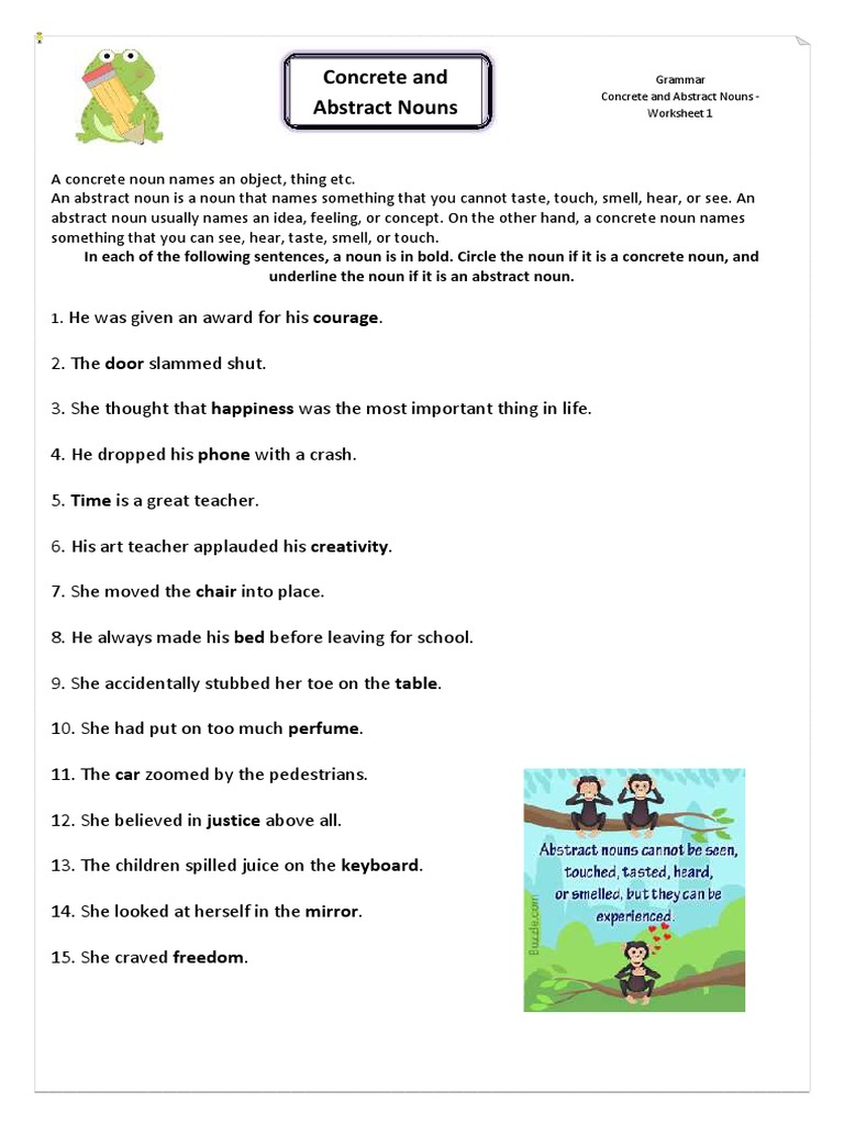 Concrete And Abstract Nouns Worksheets High School
