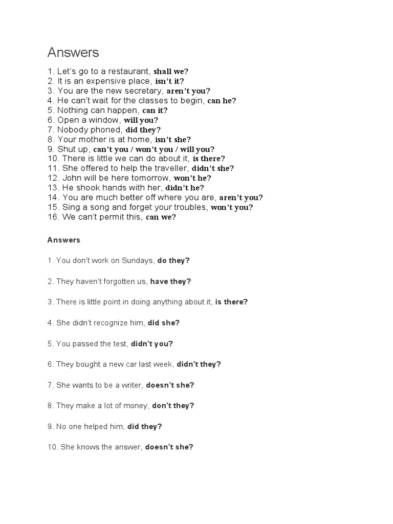 Question Tags Exercise Answers | PDF