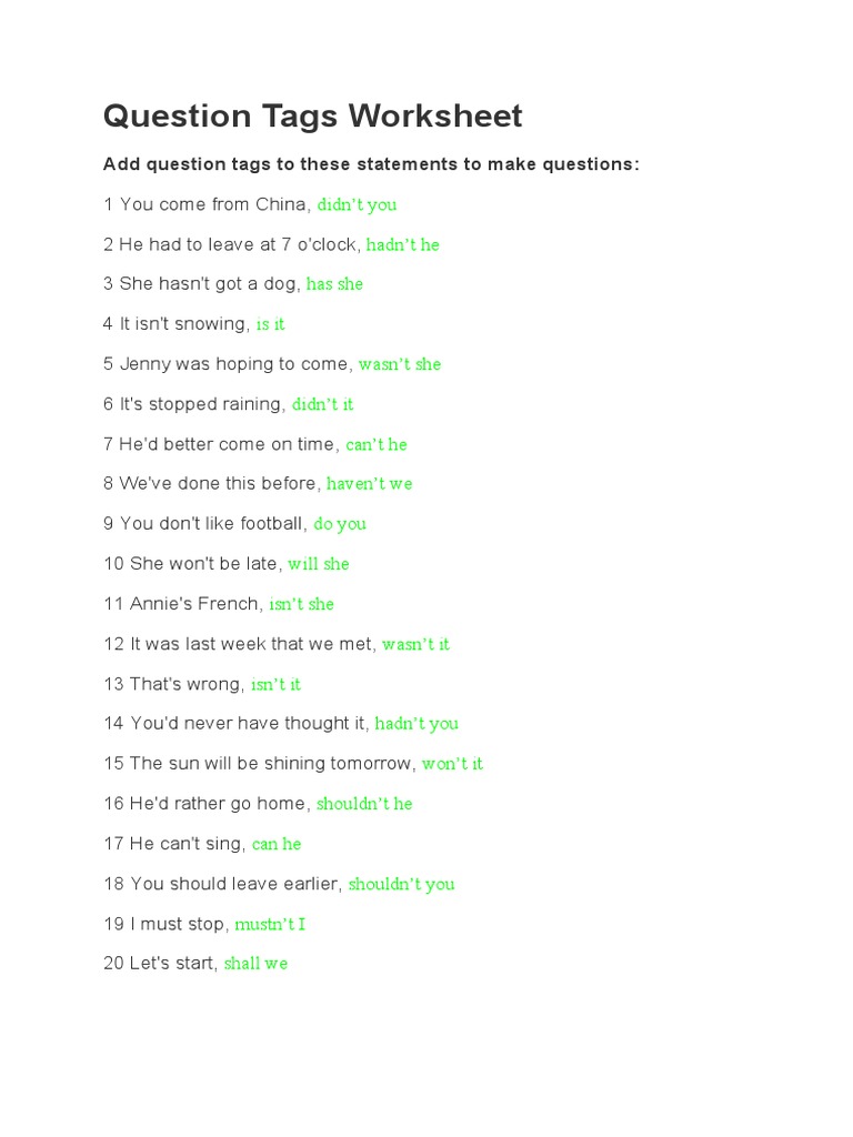 Question Tags Worksheet | PDF