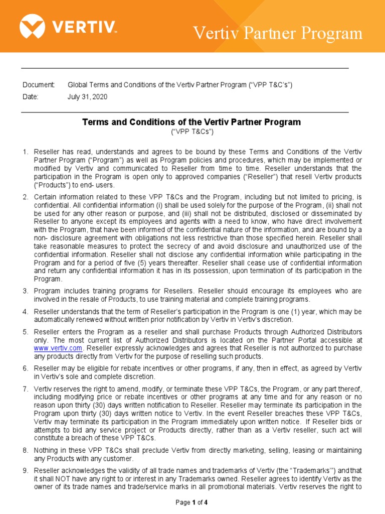 Terms and Conditions of The Vertiv Partner Program | PDF | Indemnity ...