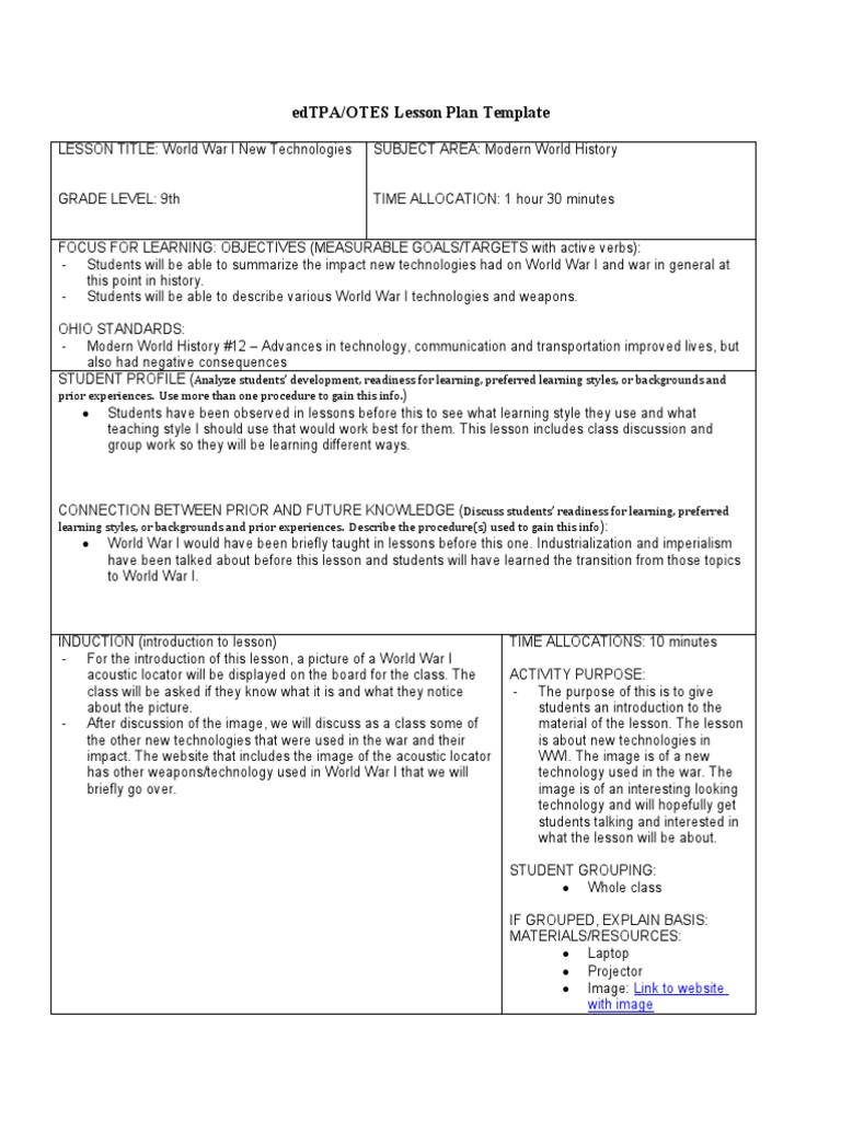 Edtpa/Otes Lesson Plan Template: Link To Website With Image | PDF ...