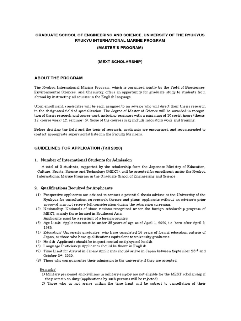 01 Guidelines For Application Mext 2020 M | PDF | Graduate School | Thesis