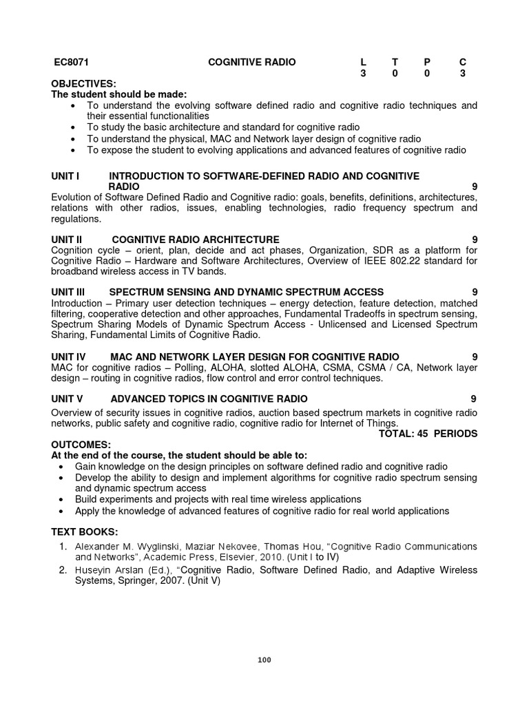 CR Syllabus | PDF | Cognitive Radio | Software Defined Radio