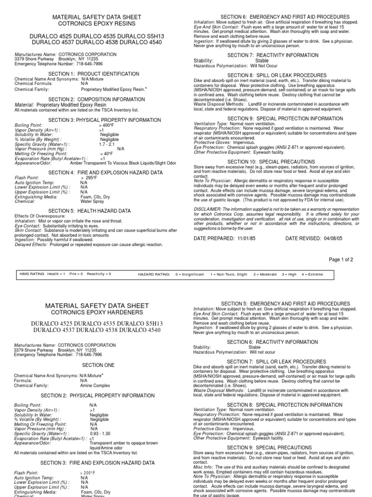 4627 Cotronics Duralco 4525 | PDF | Personal Protective Equipment | Toxicity