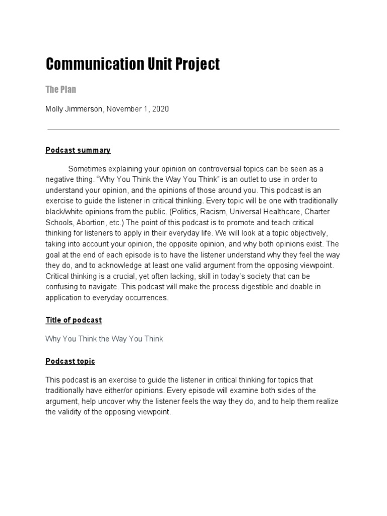 Communication Unit Project Template | PDF | Podcast | Critical Thinking