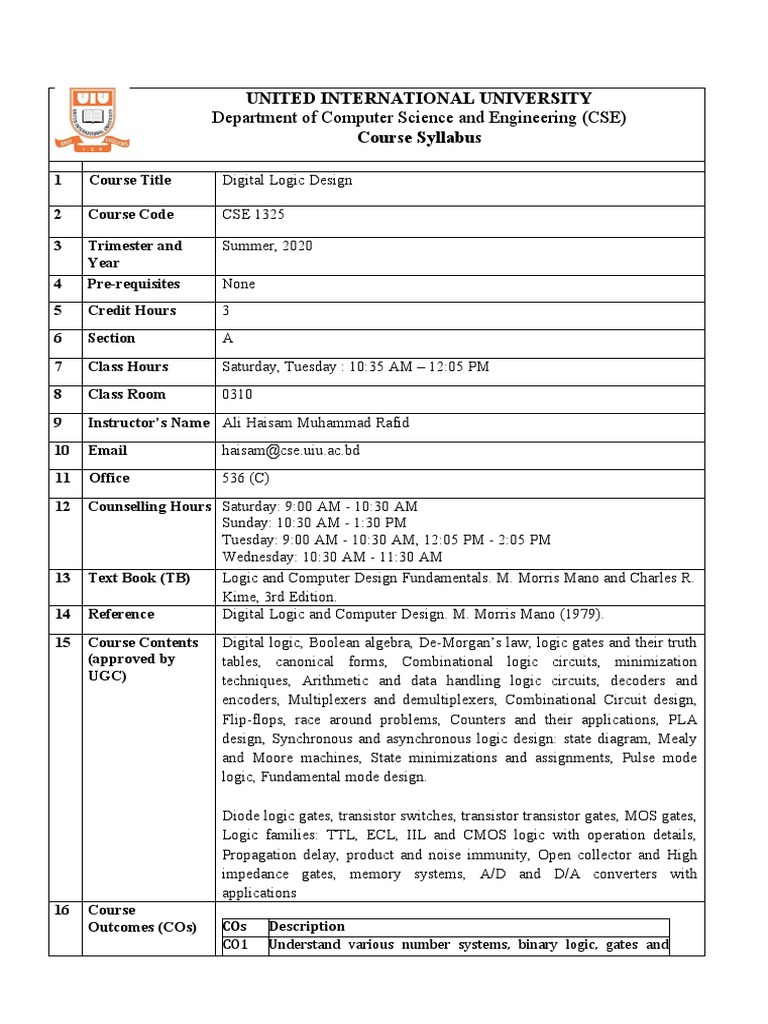 Course Outline CSE 1325 (A) | PDF | Logic Gate | Digital Electronics