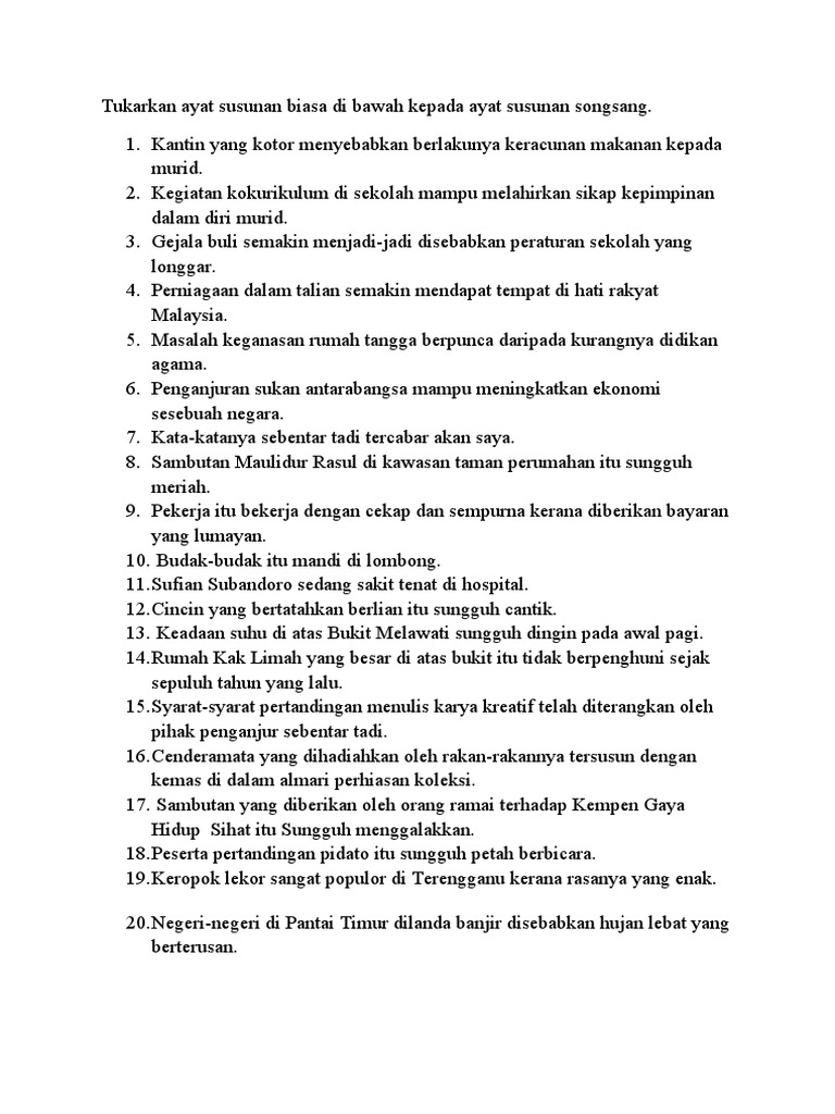 Latihan Ayat Susunan Biasa Ke Ayat Songsang | PDF