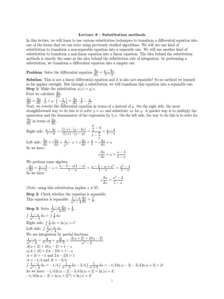 Lecture 8 - Substitution Methods | PDF | Differential Equations | Equations