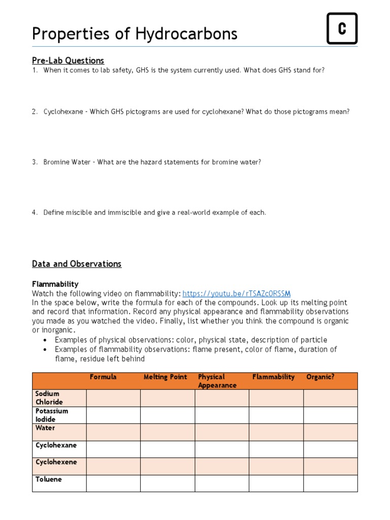 Properties of Hydrocarbons: Pre-Lab Questions | PDF | Chemical ...