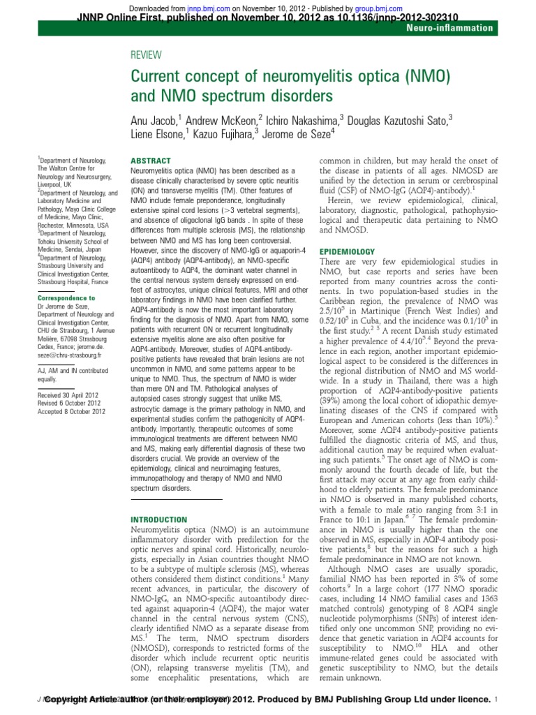 Current Concept of Neuromyelitis Optica (NMO) and NMO Spectrum Disorders | PDF | Multiple ...