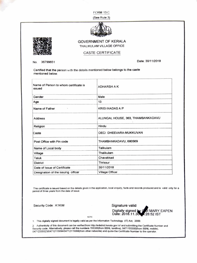 Kerala Caste Certificate Details | PDF | Public Key Certificate ...