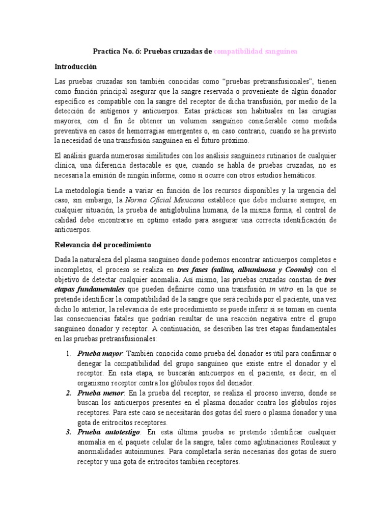 Pruebas Cruzadas de Sangre: Guía | PDF | Transfusión de sangre | Sangre