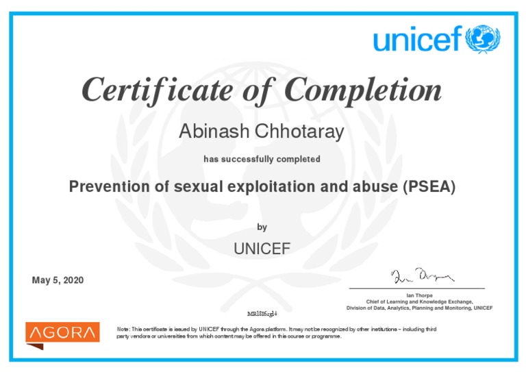 PSEA - 2017 - Course Certificate - Prevention of Sexual Exploitation and Abuse | PDF