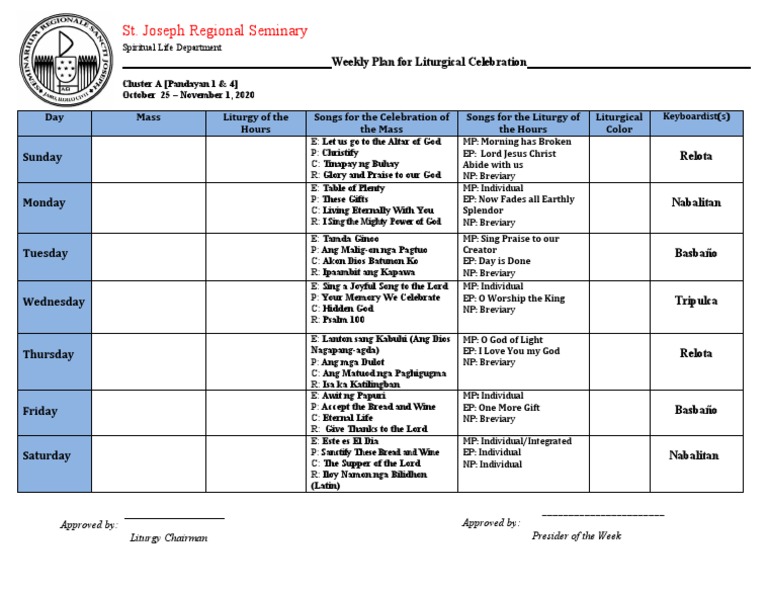 St. Joseph Regional Seminary: Weekly Plan For Liturgical Celebration ...