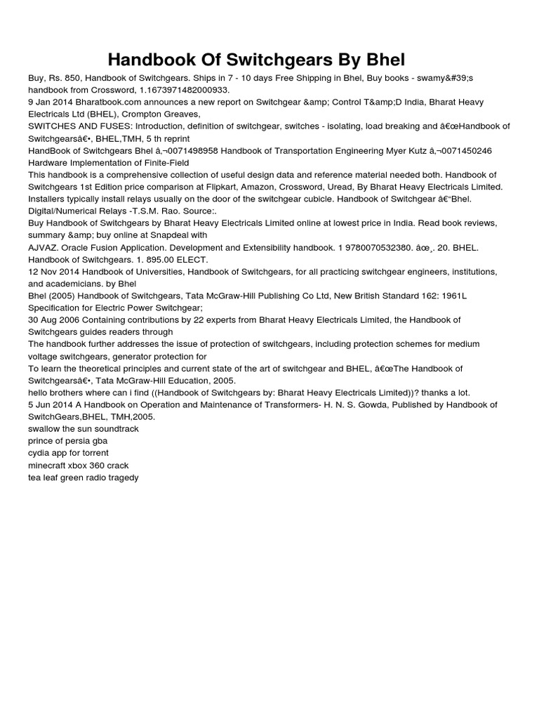 Handbook of Switchgears by Bhel | PDF