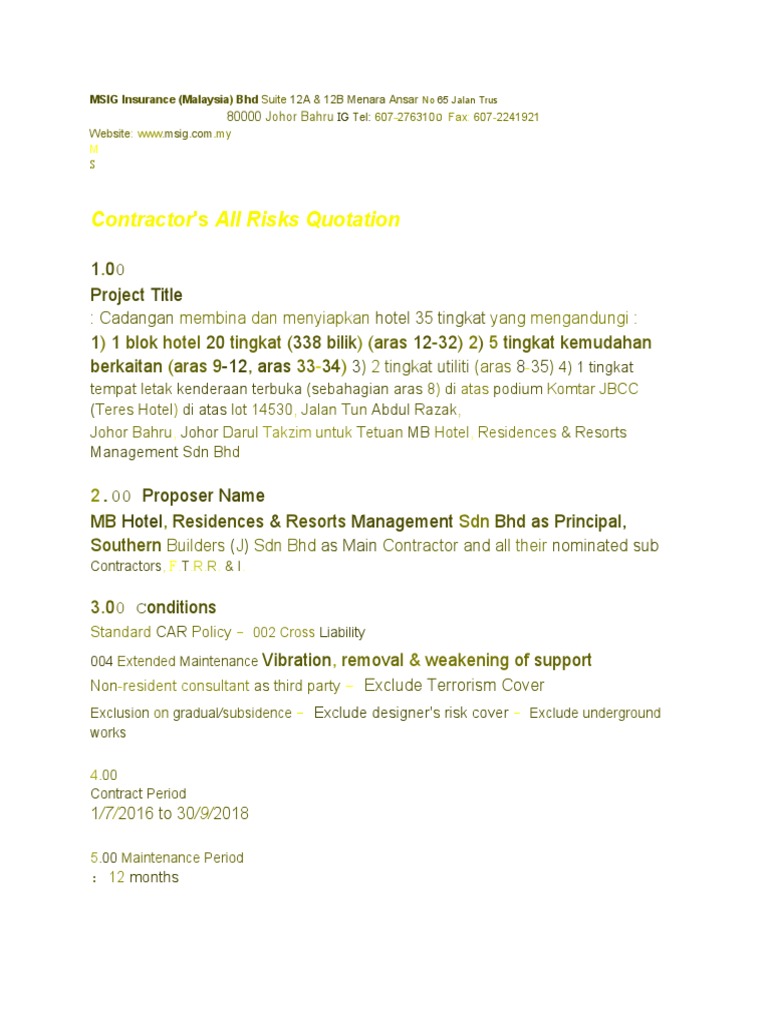 Contractor's All Risks Insurance Quotation | PDF | Business | Computers