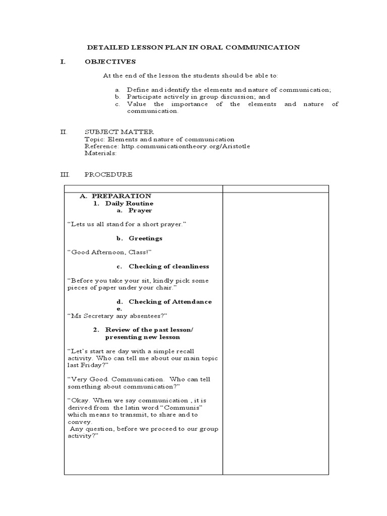 Detailed Lesson Plan in Oral Communication I. Objectives | Download ...