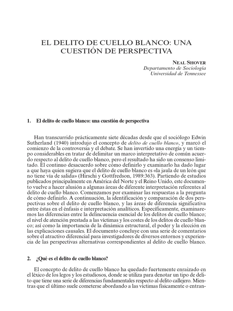 Unidad 1 El Delito de Cuello Blanco Una Cuestión de Perspectiva Shover ...