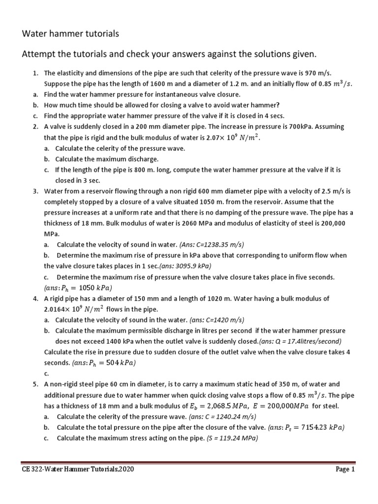 Water Hammer Tutorials Attempt The Tutorials and Check Your Answers ...