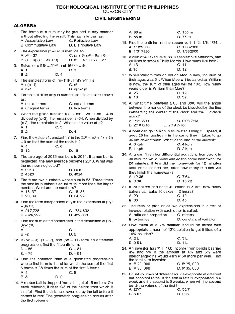 Sample Problems For ALGEBRA (College) | PDF | Ratio | Numbers