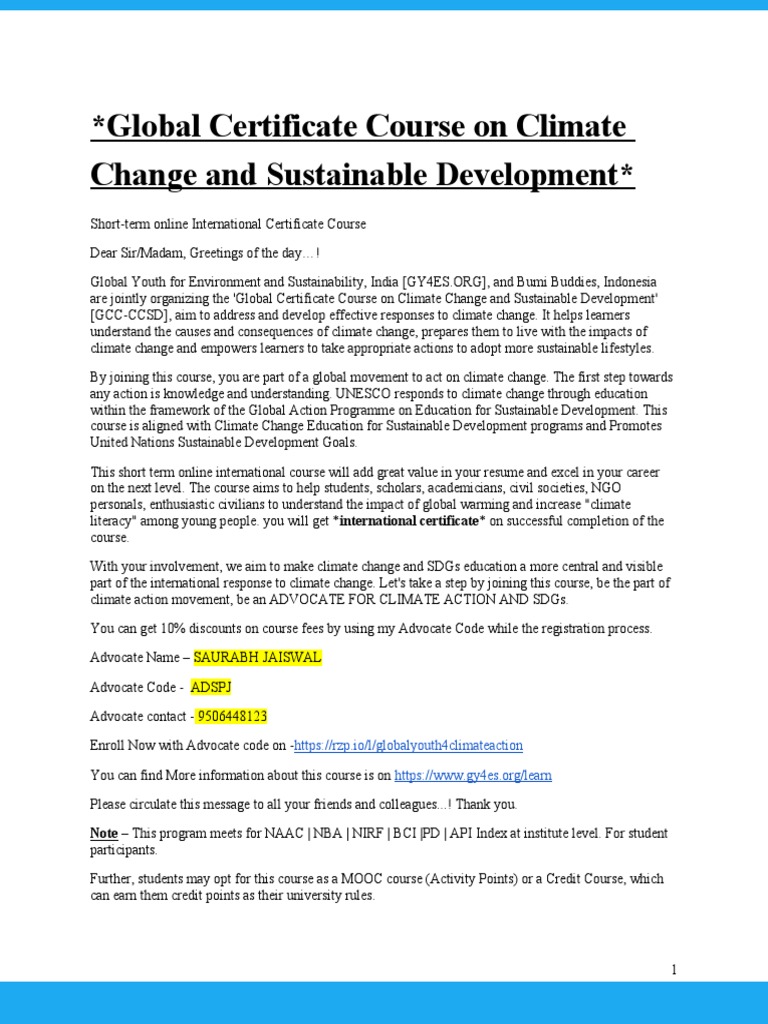 Global Certificate Course On Climate Change and Sustainable Development ...
