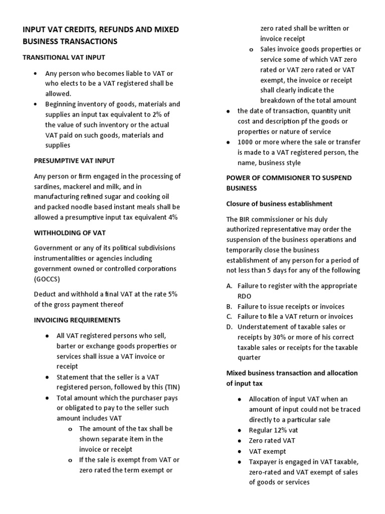 Input Vat Credits, Refunds and Mixed Business Transactions | PDF ...