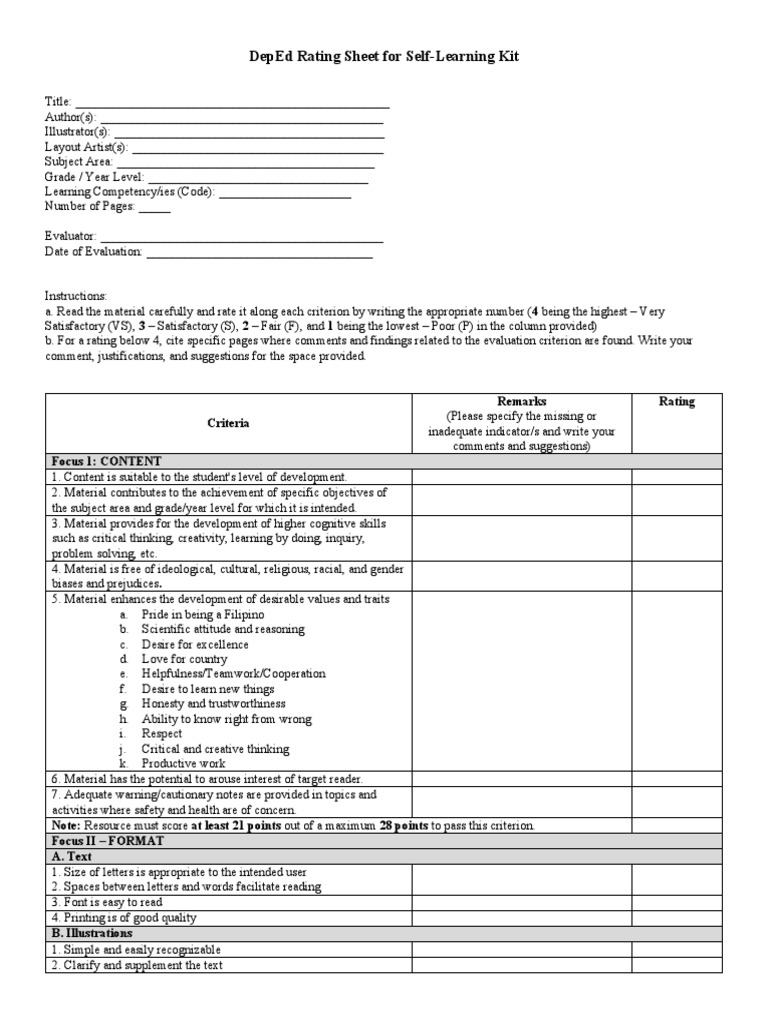 Deped Rating Sheet For Self-Learning Kit | PDF | Critical Thinking ...