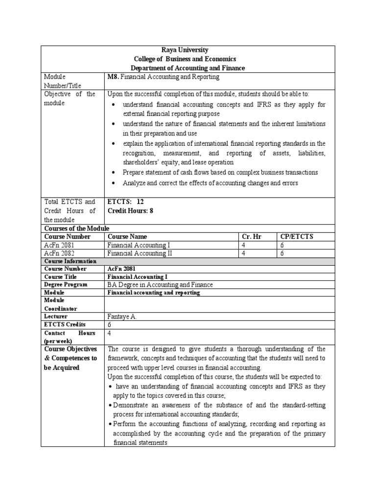 Financial Accounting Course Outline | PDF | Financial Statement ...
