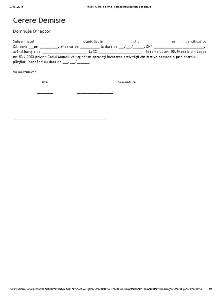 Model Cerere Demisie Cu Acordul Partilor - Oficial | PDF