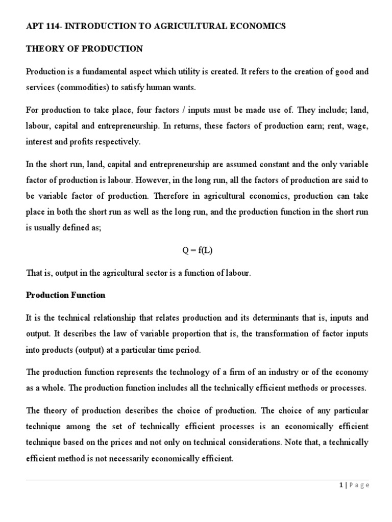 Lecture Notes APT 114 - Introduction To Agricultural Economics | PDF ...