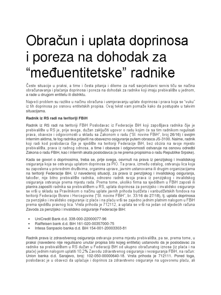 Obračun I Uplata Doprinosa I Poreza Na Dohodak FBIH-RS | PDF