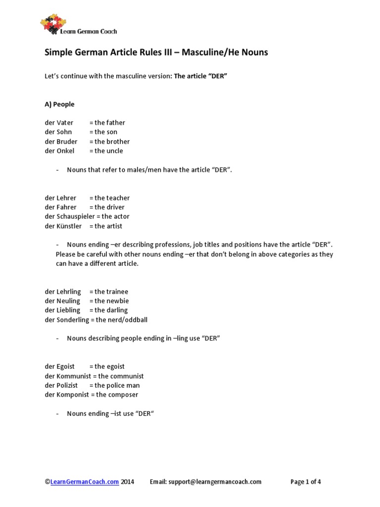 Simple German Article Rules III - Masculine/He Nouns: A) People | PDF